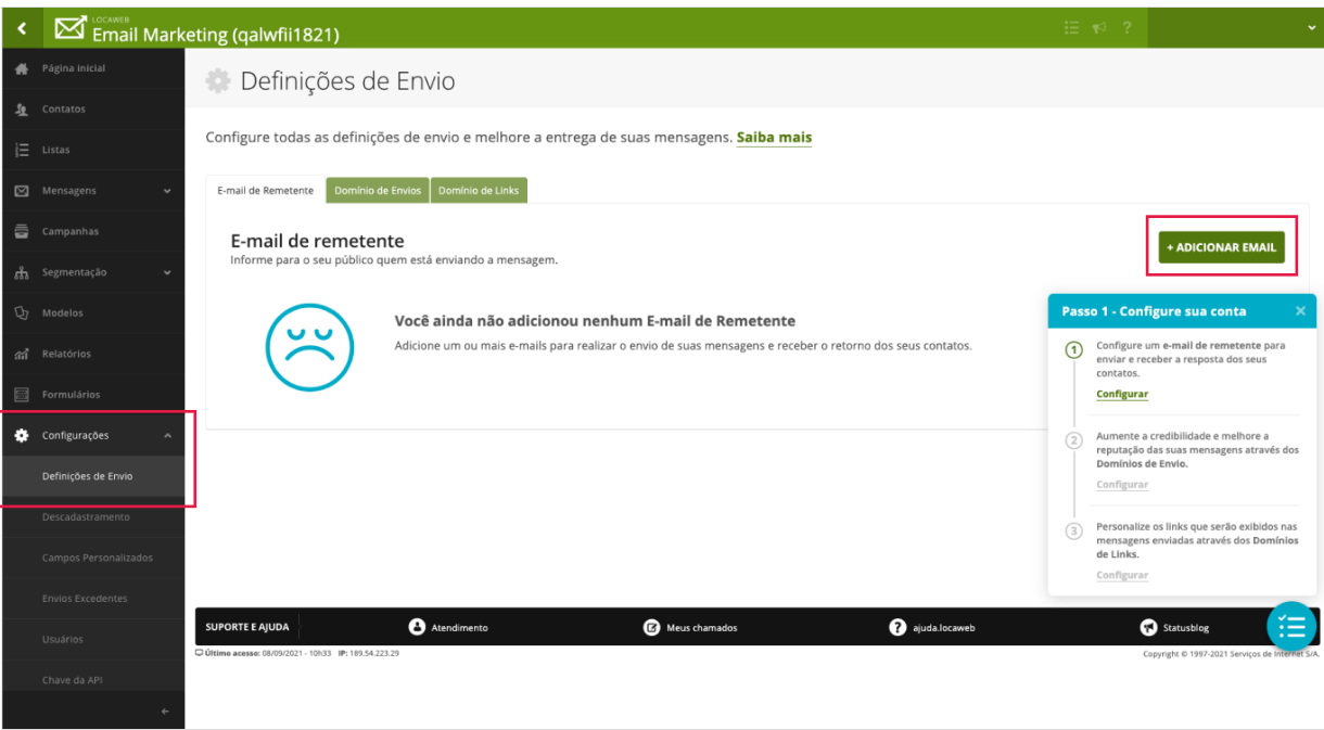 Como configurar definições de envio - Email Marketing