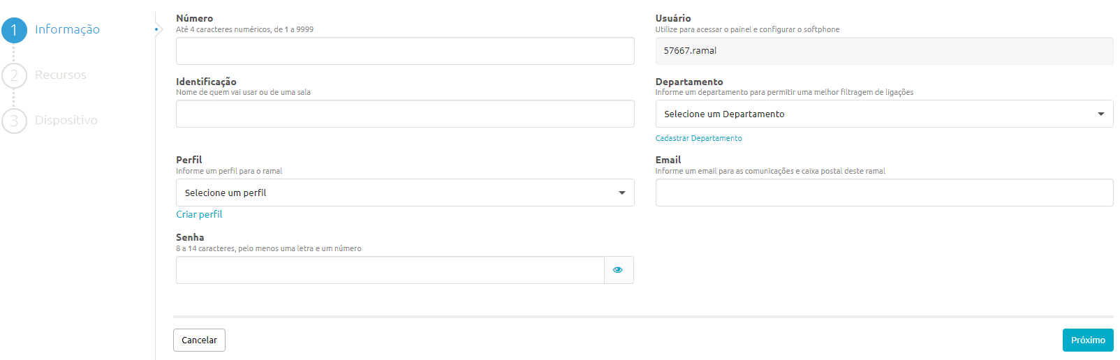 Como criar ramal - PABX Virtual